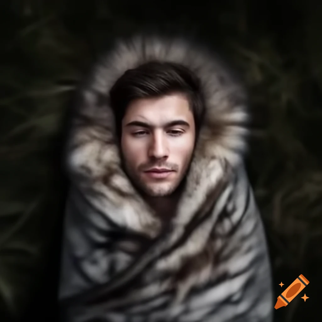 Young man cozy in wolf pelt sleeping bag on Craiyon