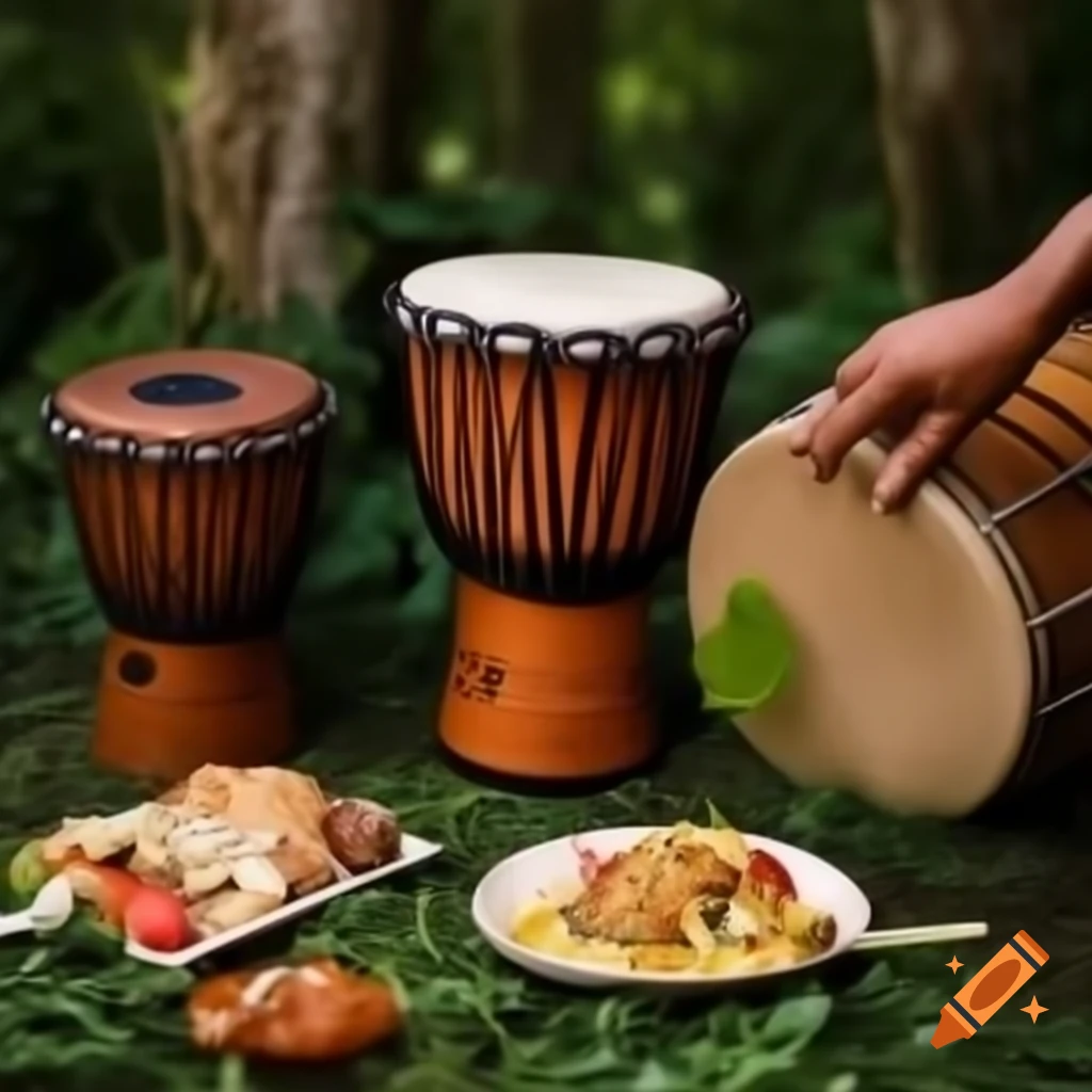 Djembe, rattle, shaman drum, and potluck food in nature setting on Craiyon