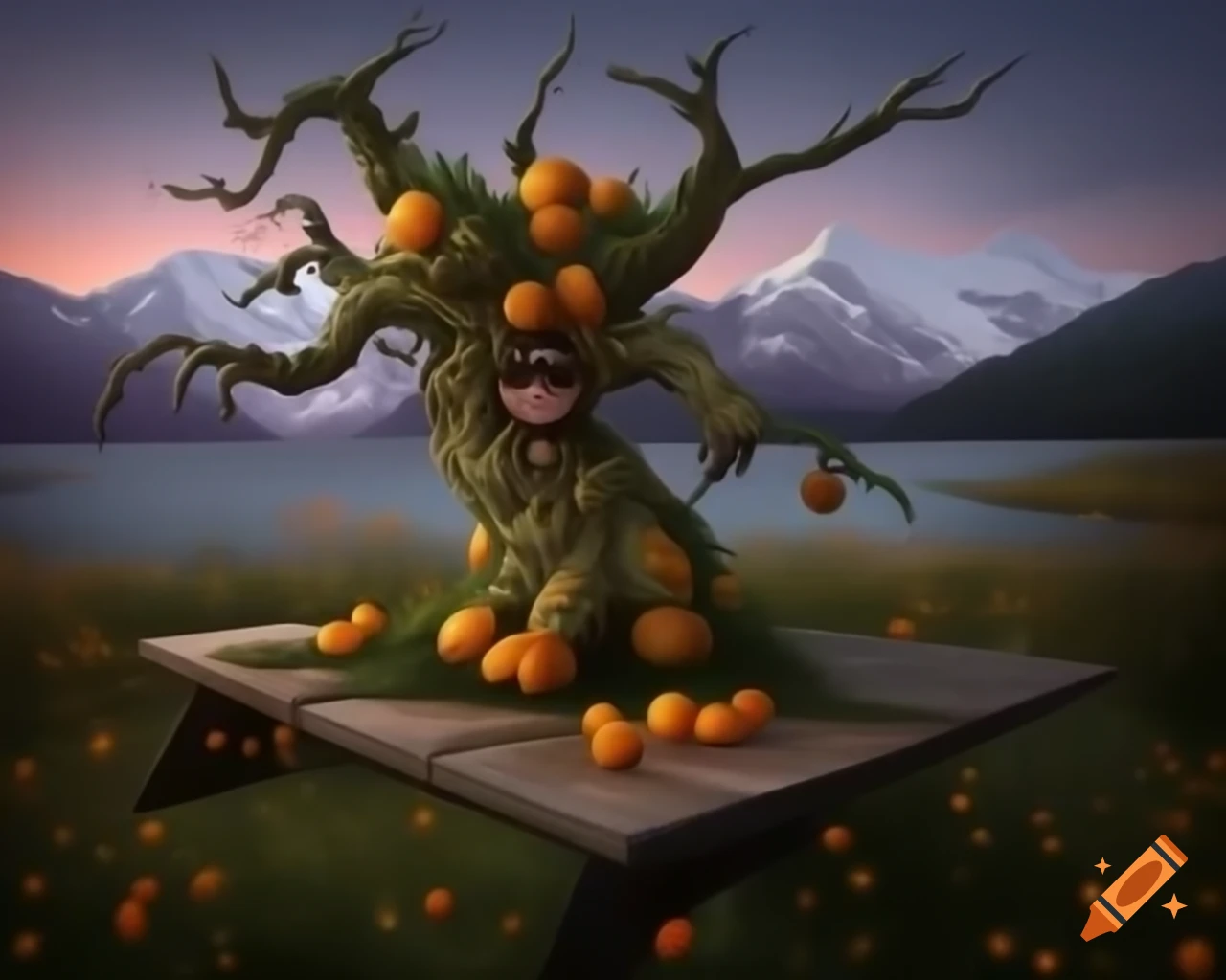 Surreal one-eyed mutant lemon tree monster with grotesque branches and ...