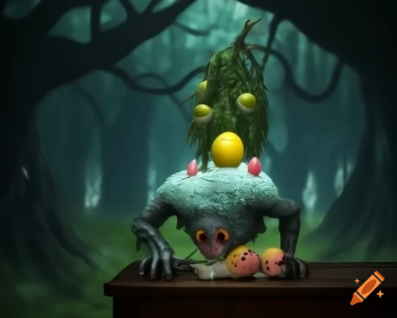 Surreal one-eyed mutant lemon fruit tree monster with hanging lemon ...