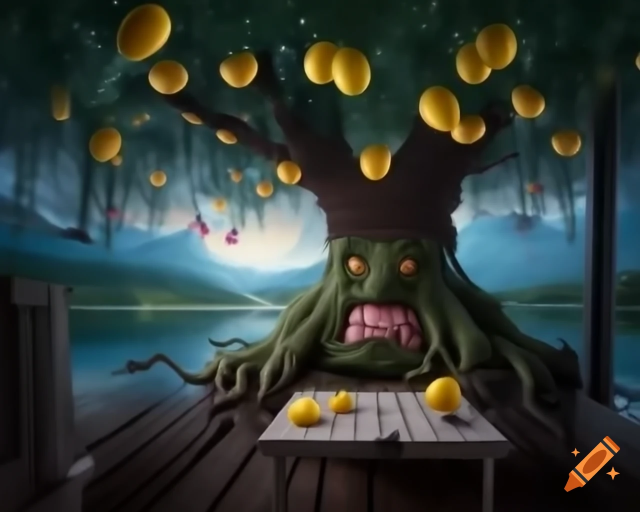 Surreal one-eyed mutant lemon fruit tree monster with hanging lemon ...