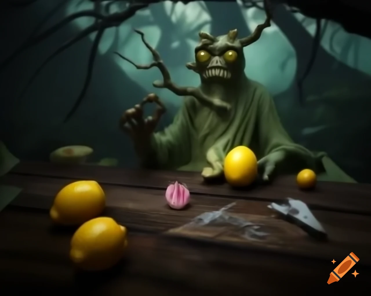 Surreal one-eyed mutant lemon fruit tree monster with hanging lemon ...