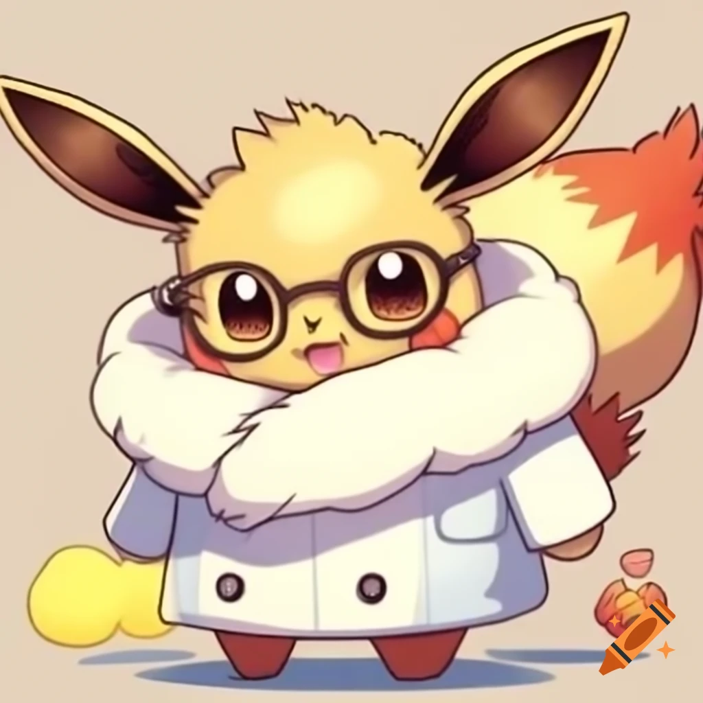 Eevee wearing oversized lab coat and glasses, whimsical style on Craiyon