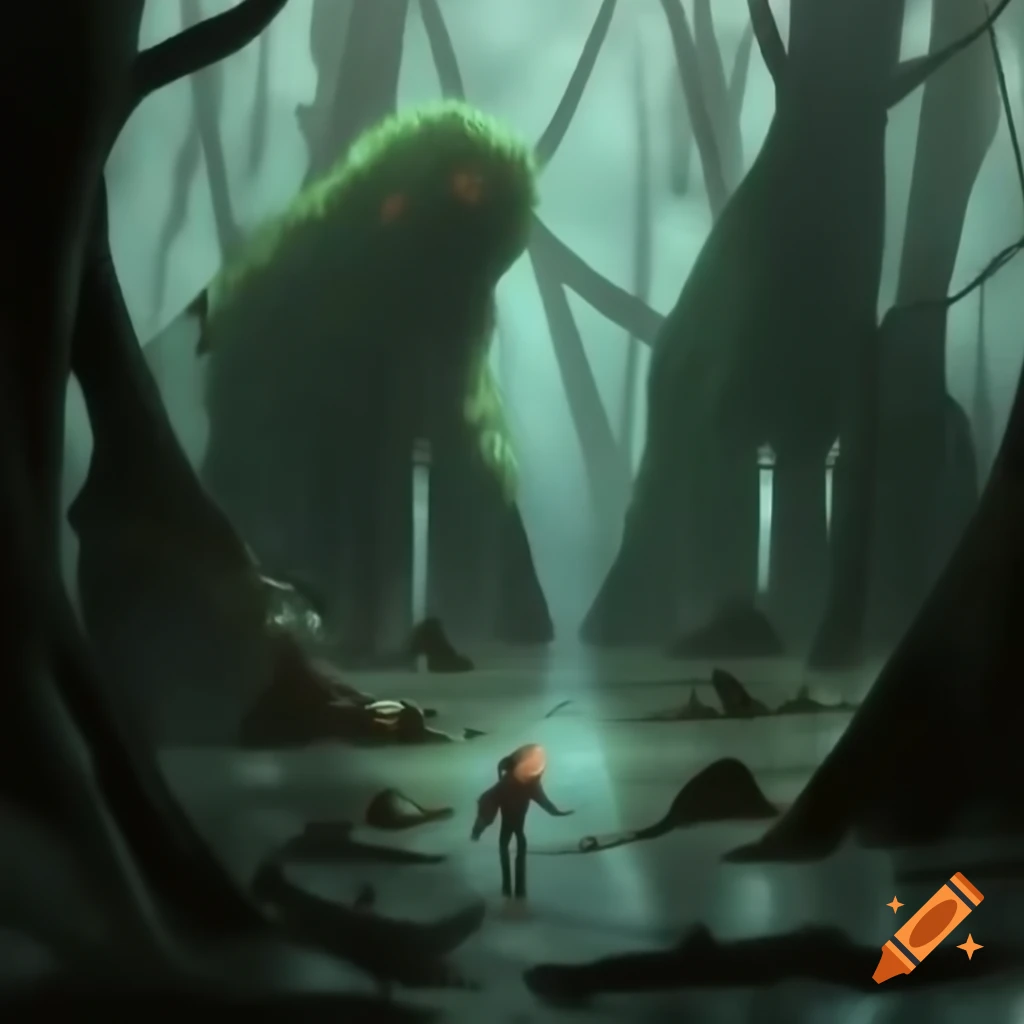 Young explorer wading through dark swamp with vines and ruins, cautious ...