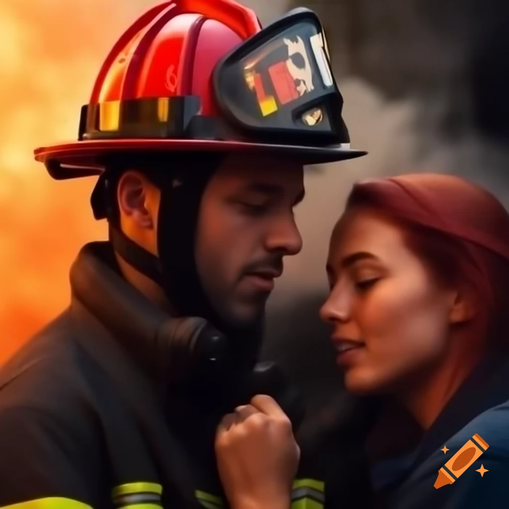 Hero firefighter with red helmet in smoky environment, embraced by ...