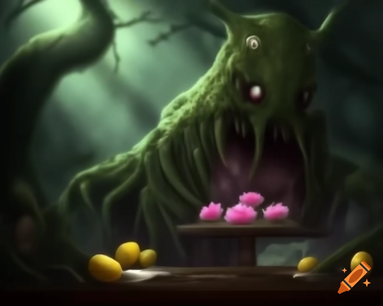 Surreal one-eyed mutant lemon fruit tree monster with hanging lemon ...