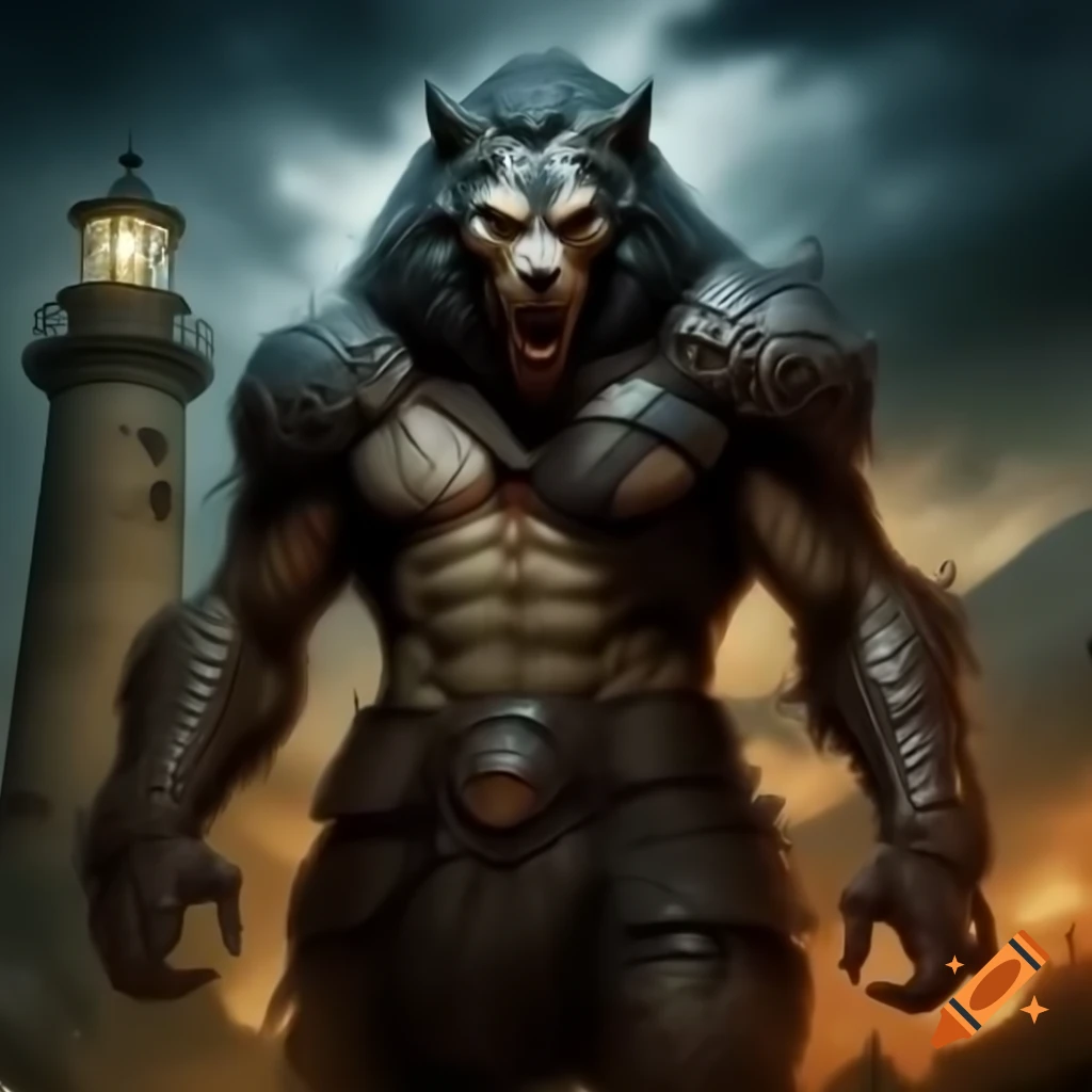 Majestic werewolf warrior in iron armor guarding ancient lighthouse on ...