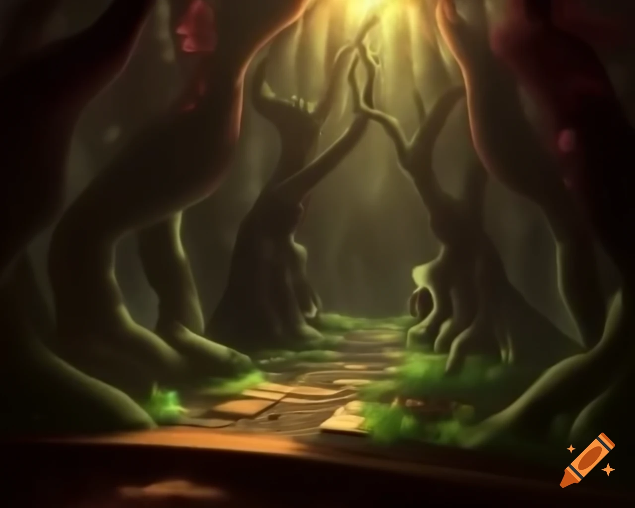 Surreal one-eyed mutant lemon tree monster in golden-hour forest ...