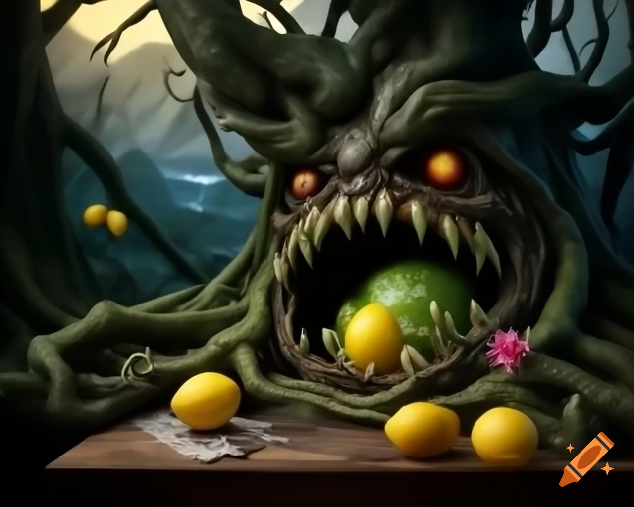 Surreal one-eyed mutant lemon tree monster with hanging fruit monsters ...