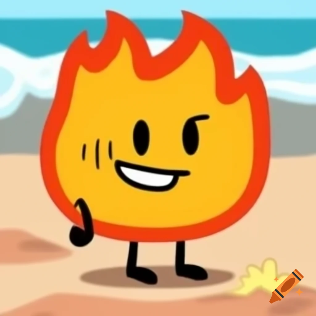 Orange and yellow fire character from BFDI on the beach on Craiyon