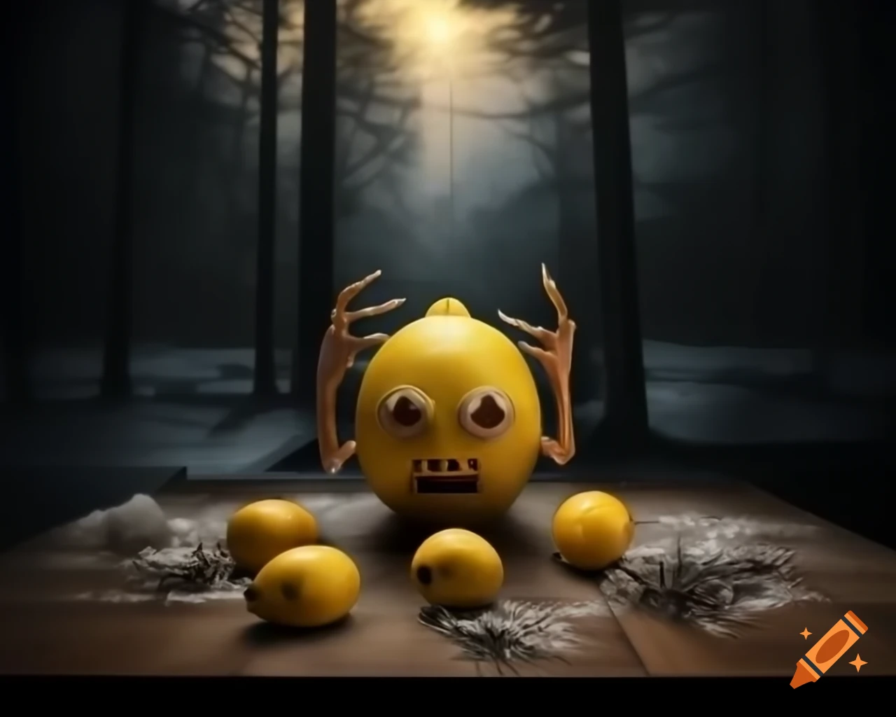 Surreal one-eyed mutant lemon fruit monster in hyper-realistic detail ...