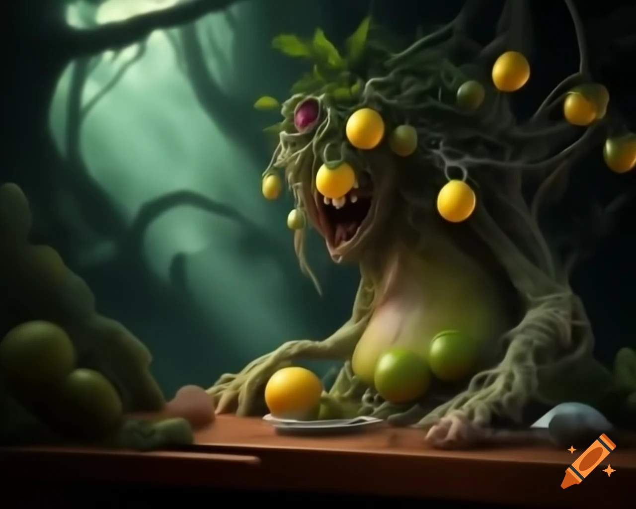 Surreal one-eyed mutant lemon tree monster with fruit hanging from ...