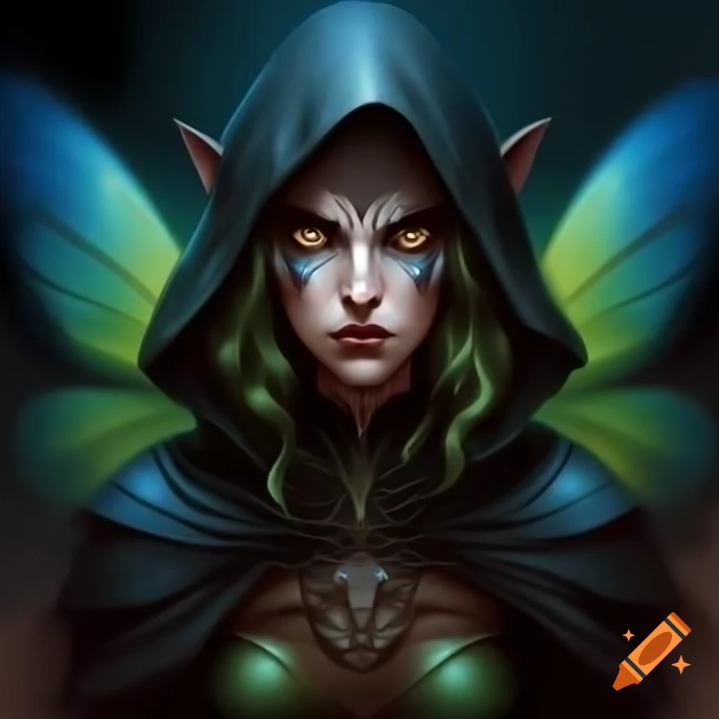 Rogue fairy with wings in dark hood surrounded by ominous mist on Craiyon