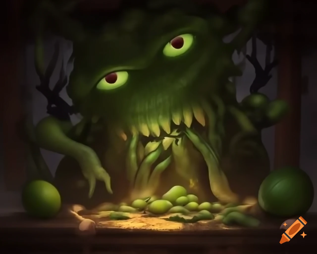 Surreal one-eyed mutant lemon tree monster in golden-hour forest ...