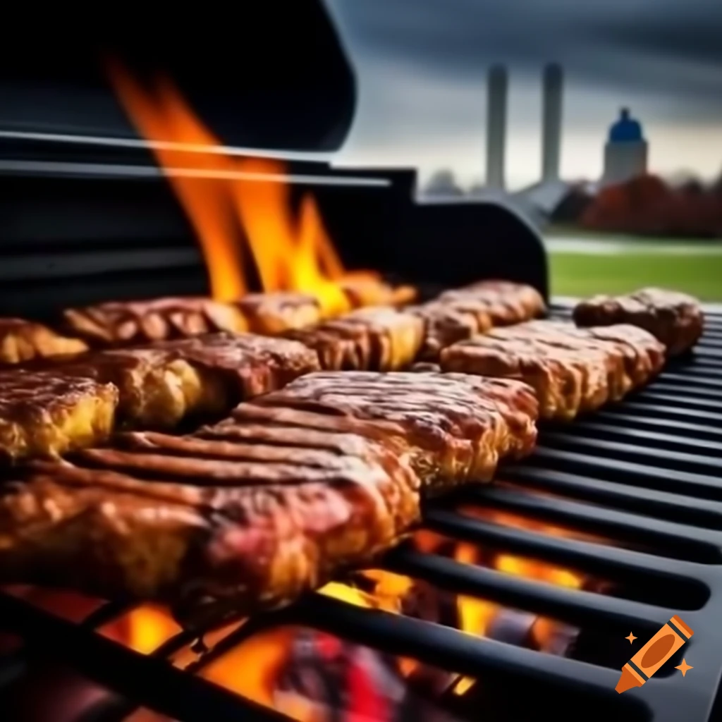 Extreme closeup of blazing barbecue grill with Washington DC landmarks ...