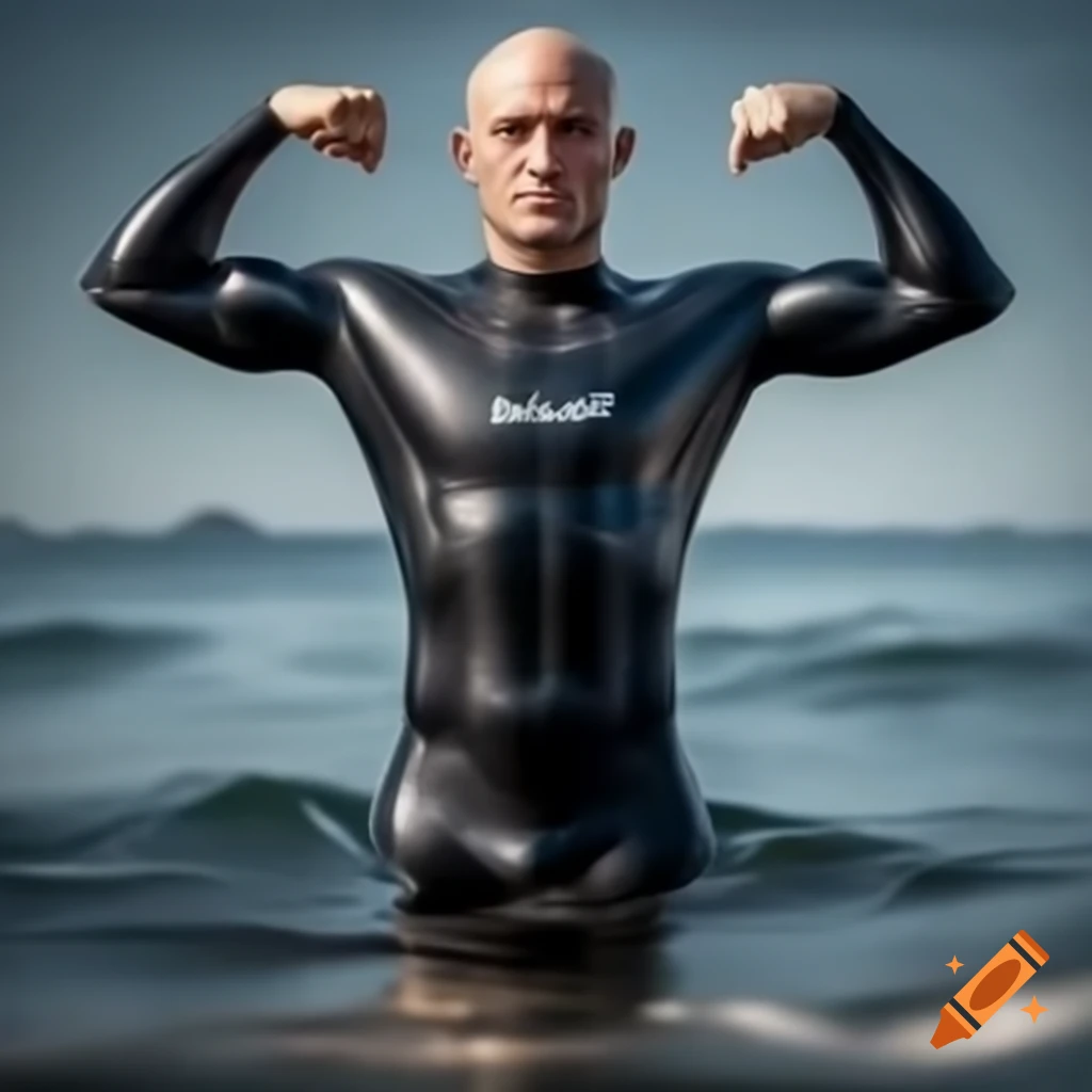 Young man in orca surfing wetsuit preparing for double bicep flex pose ...