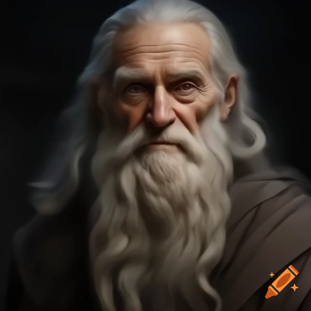Detailed portrait of elderly wizard with textures in beard and robe on ...
