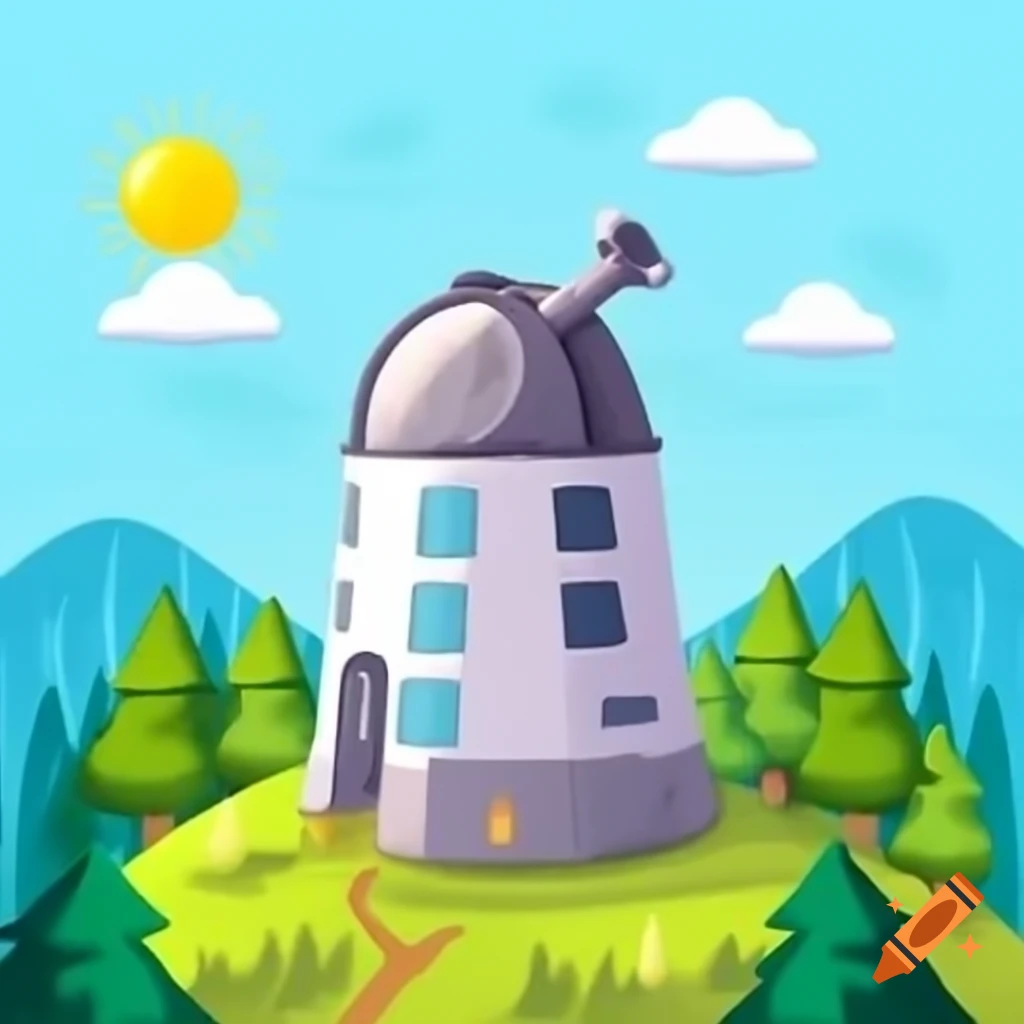Childish 2D style observatory on hill in forest for platformer on Craiyon