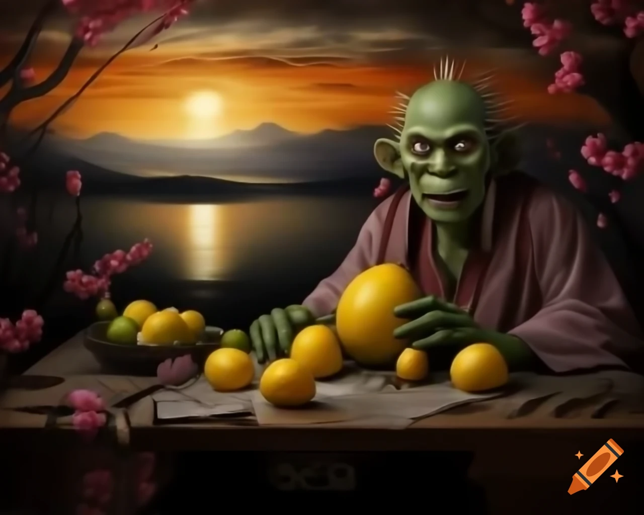 One-eyed mutant lemon monster in surreal woodland at sunset on Craiyon