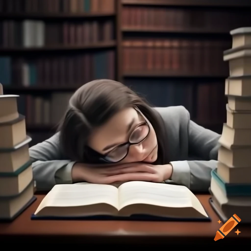 Female librarian asleep at desk in library with head on open book on ...