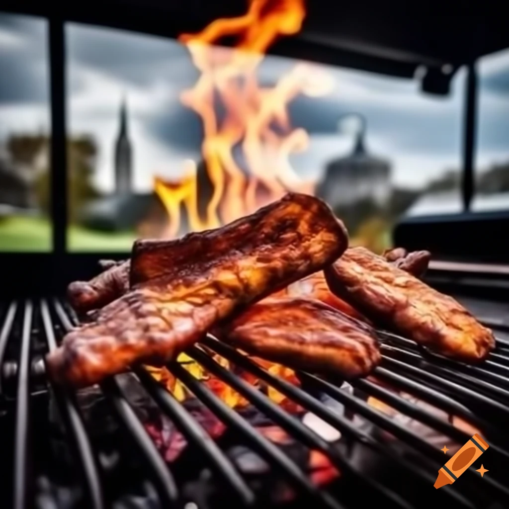 Closeup of barbecue grill with flames and Washington DC landmarks on ...