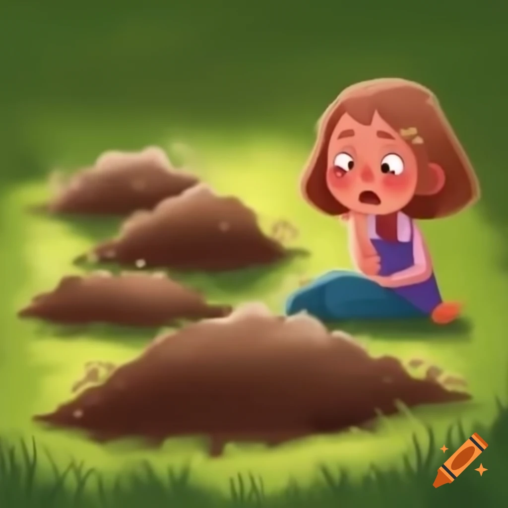 Woman crying beside dirt piles on lawn made by moles on Craiyon