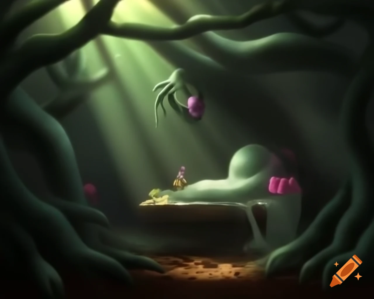 Surreal one-eyed mutant lemon fruit tree monster with fruit hanging ...