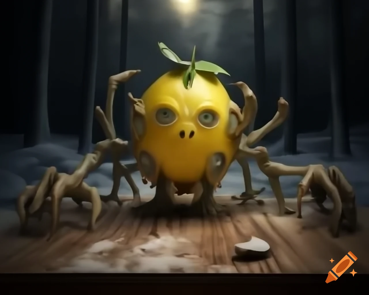 Surreal one-eyed mutant lemon fruit monster with extreme detail on Craiyon