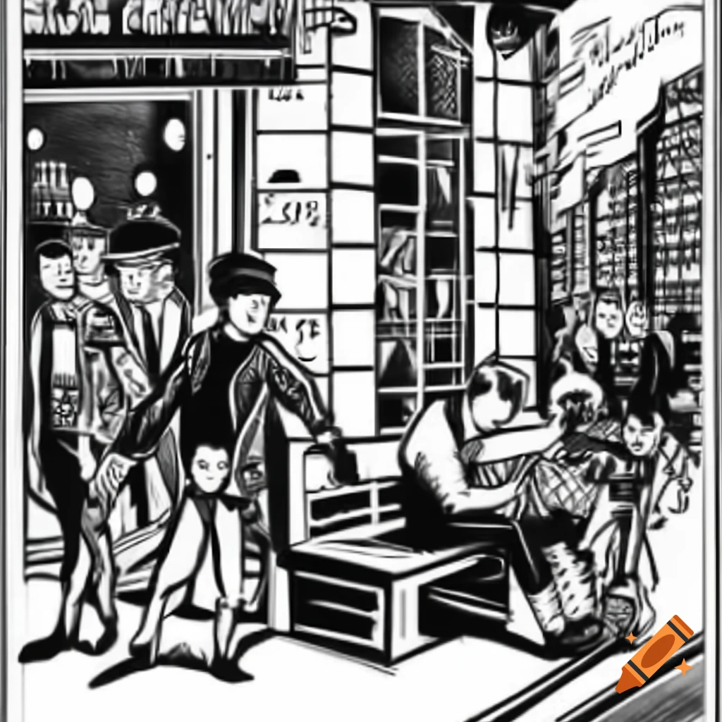 Busy city street in central Europe during early evening, comic style on ...