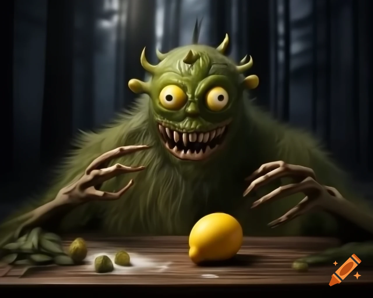 Surreal one-eyed mutant lemon fruit monster, hyper-realistic and ...