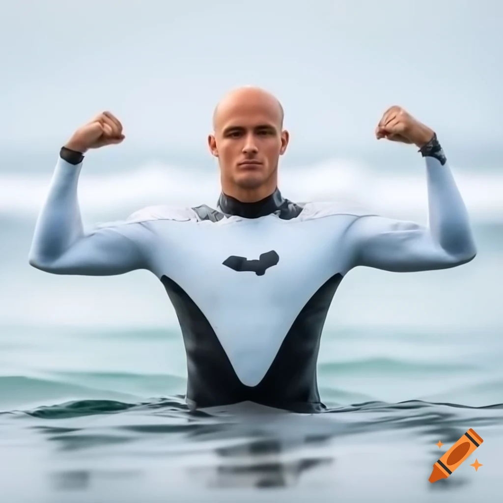 Young man in shiny orca wetsuit performing double bicep flex pose on ...