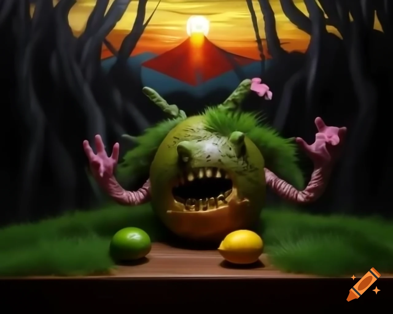 Creative close-up portrait of a one-eyed mutant lemon monster with ...