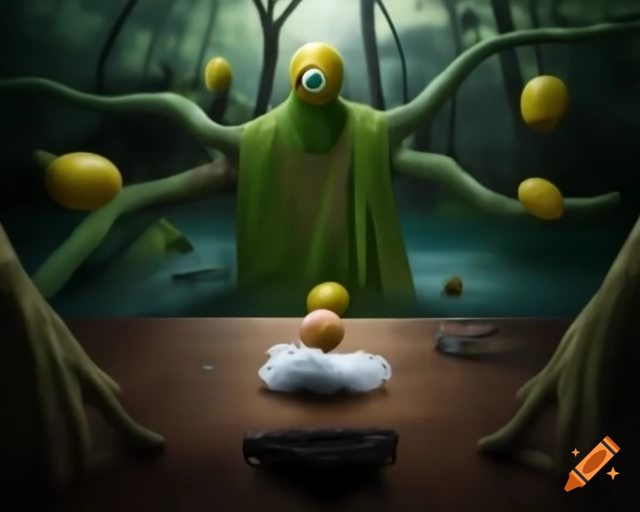 Surreal one-eyed mutant lemon tree monster with hanging fruit monsters ...