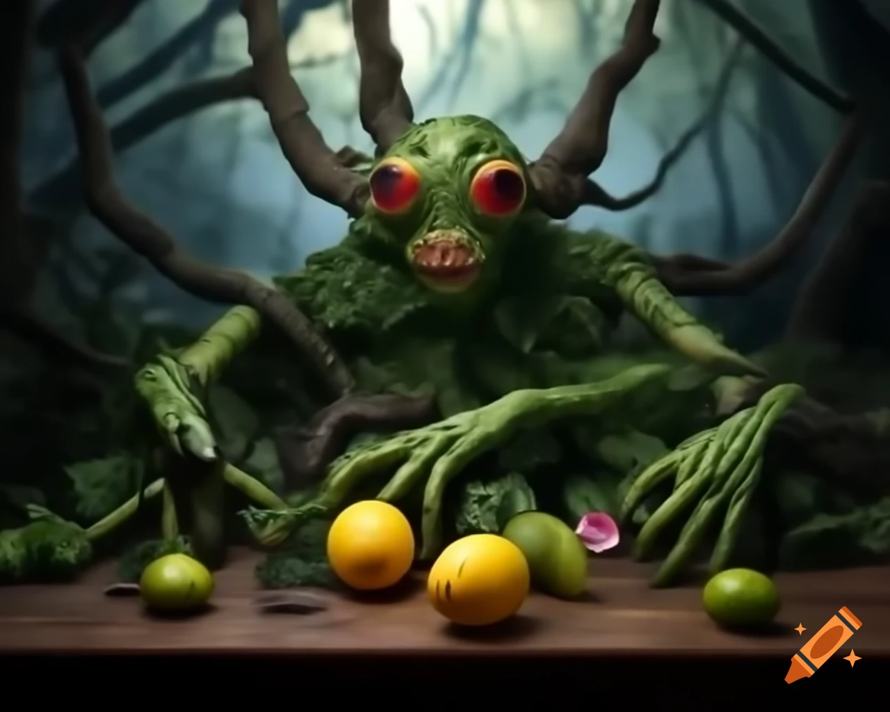 Surreal one-eyed mutant lemon tree monster with fruit hanging from ...