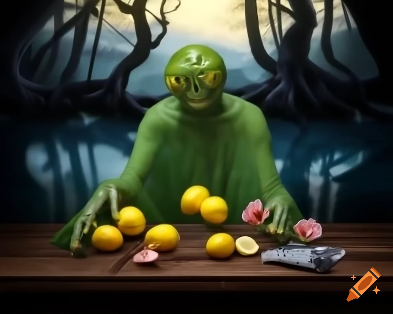 Surreal one-eyed mutant lemon tree monster with fruit hanging from ...