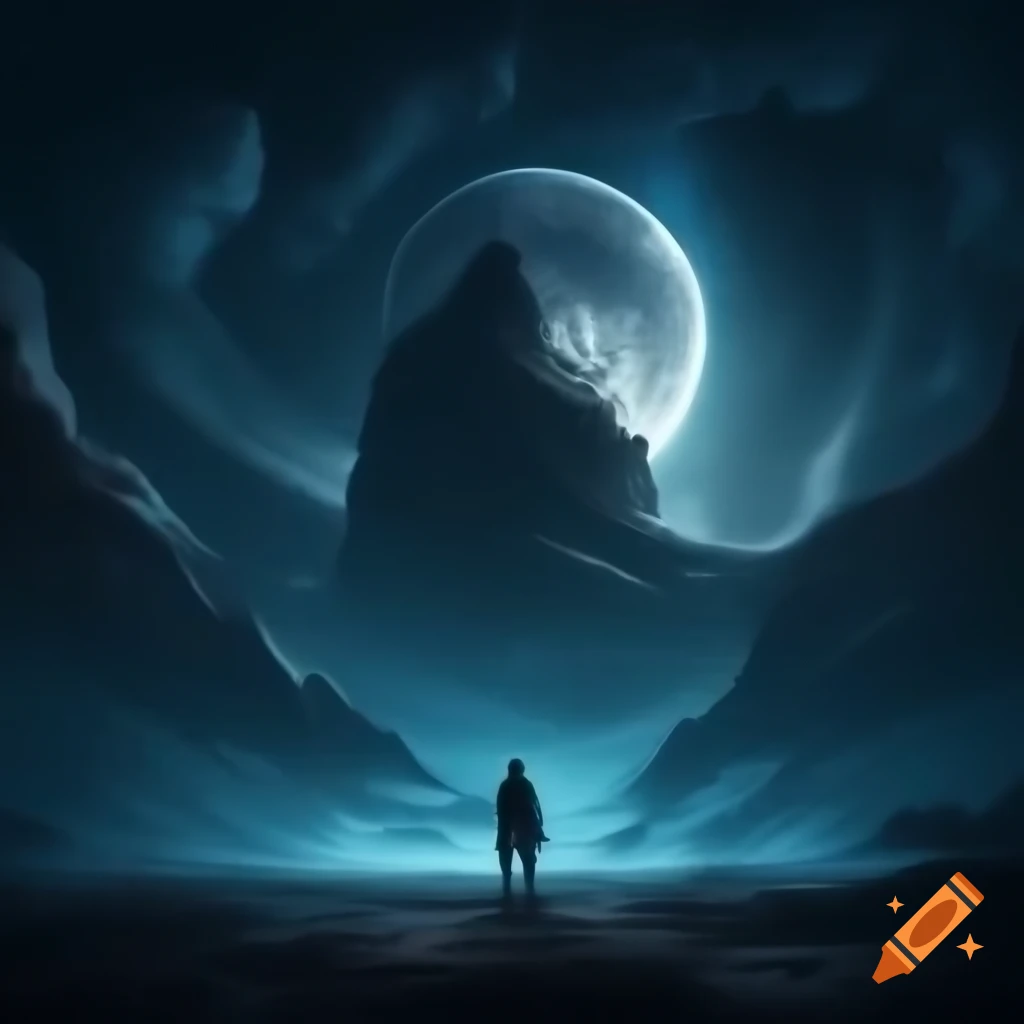 Figure sculpted from moonlight gazing over starlit landscape from a ...