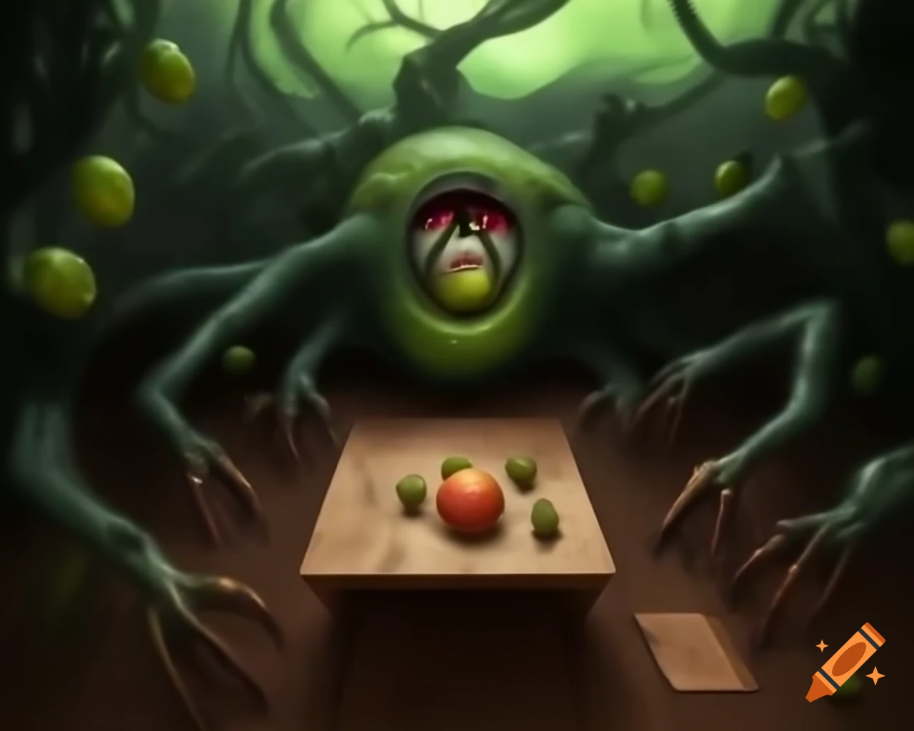 Surreal one-eyed mutant lemon fruit tree monster with hanging lemon ...