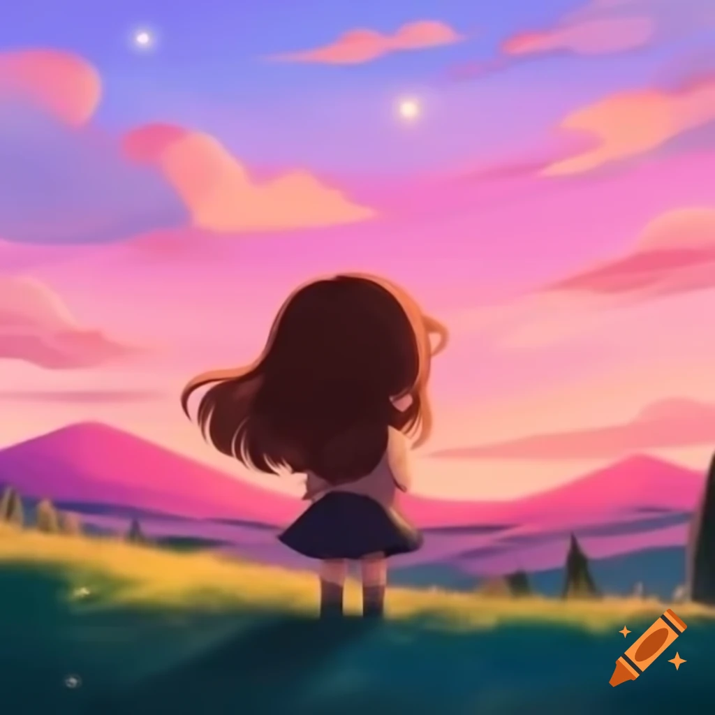 Chibi girl with brown hair gazing at pink sunset and hills with stars ...