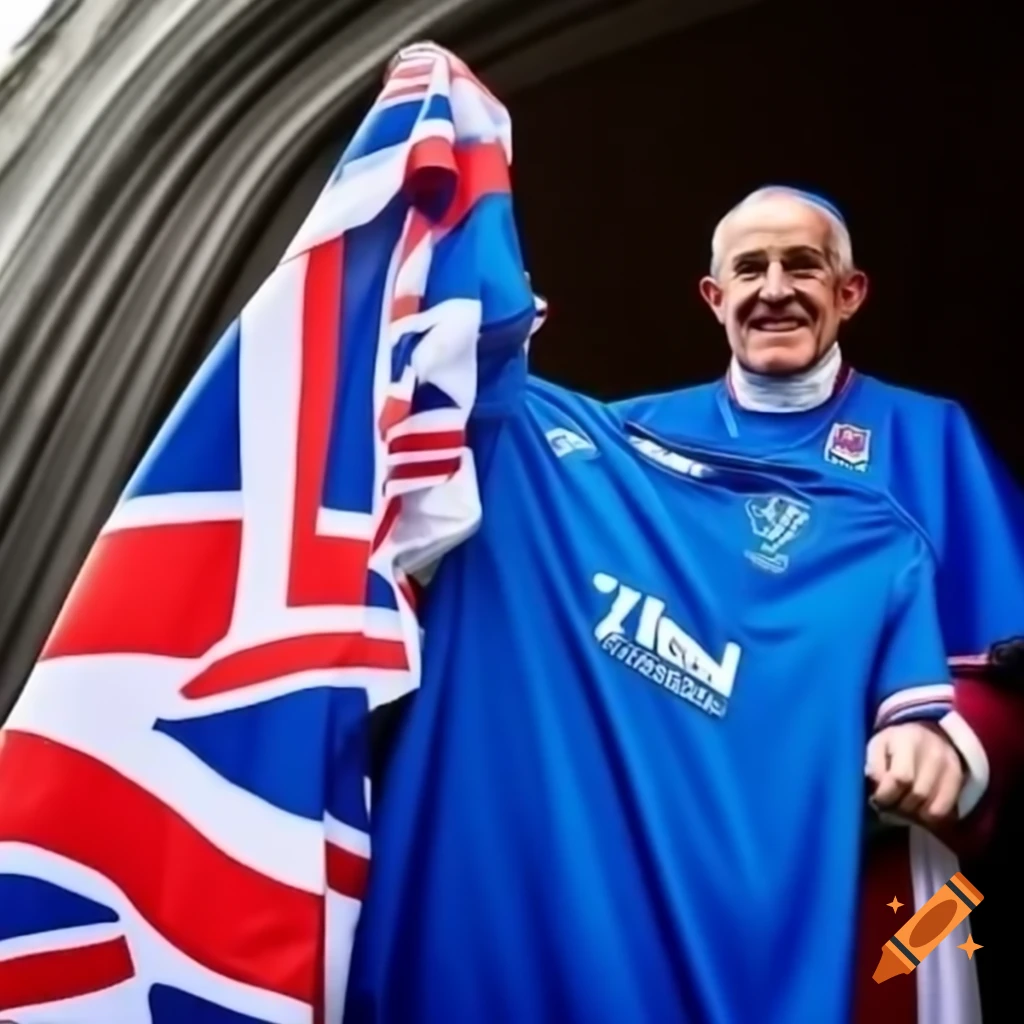 Pope wearing Glasgow Rangers jersey and holding union jack flag on Craiyon