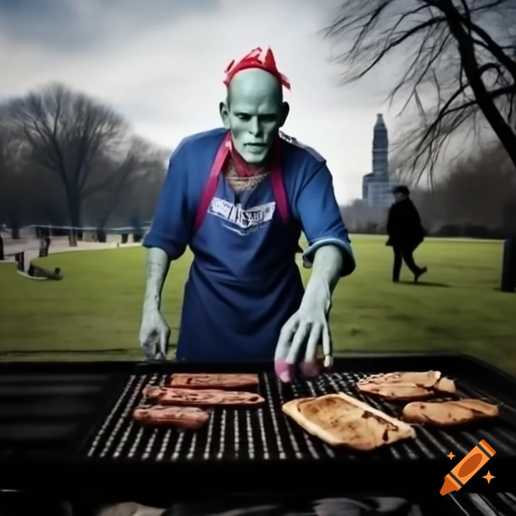 Colorful depiction of zombie characters at a BBQ in a park near ...