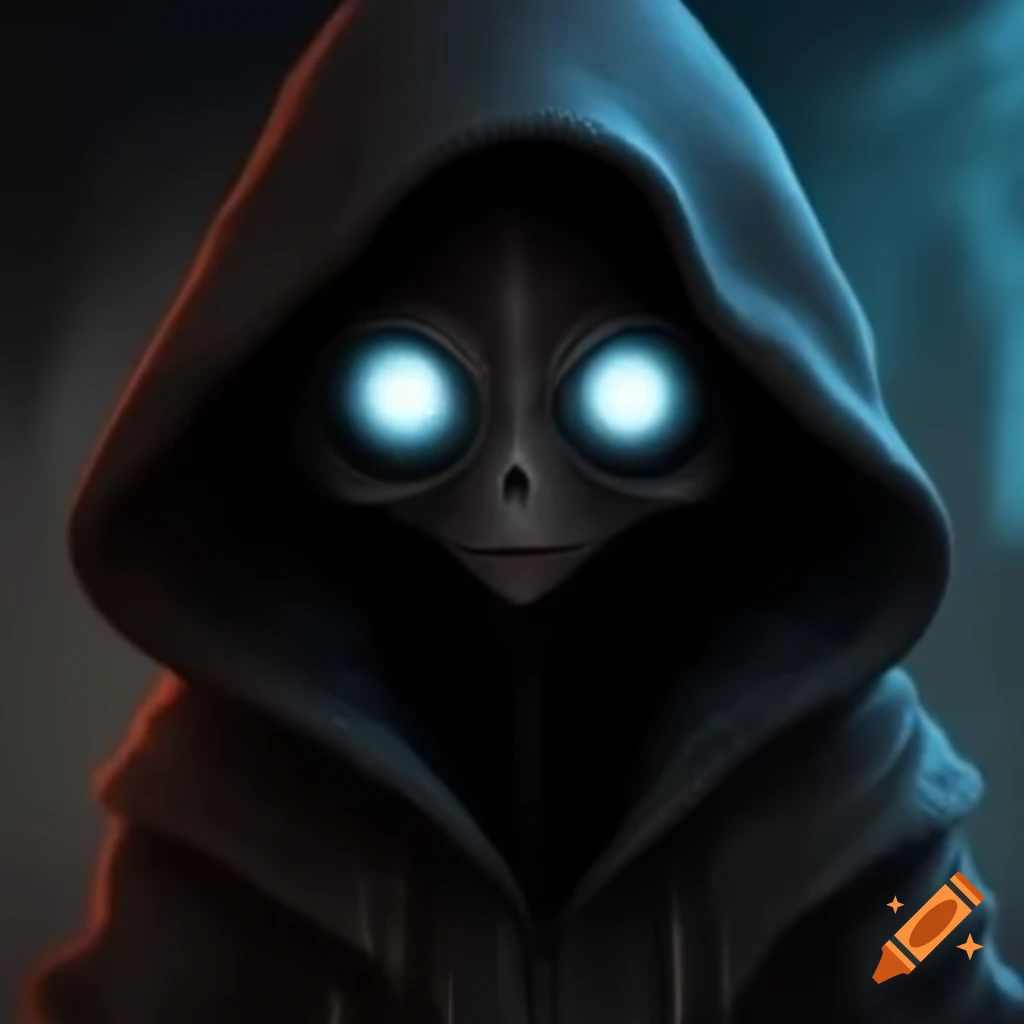 Mysterious dark hooded figure with glowing white eyes on Craiyon
