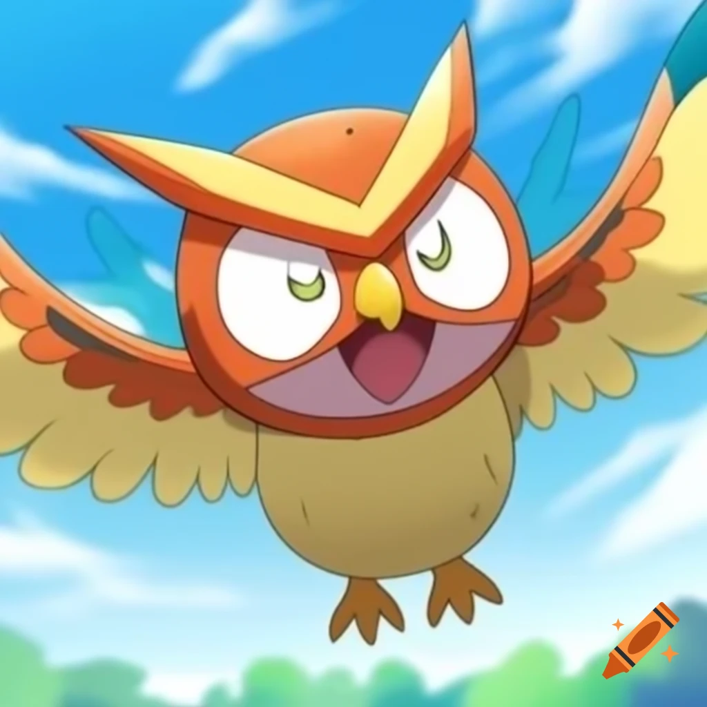 Fakemon red owl with eye goggles flying, inspired by Flygon on Craiyon