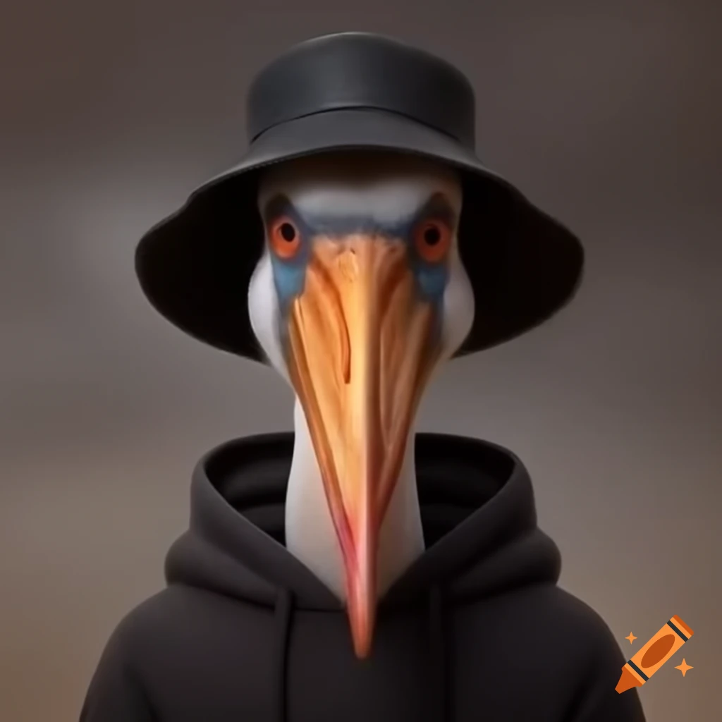 Angry stork wearing black hoodie and bucket hat from front view on Craiyon