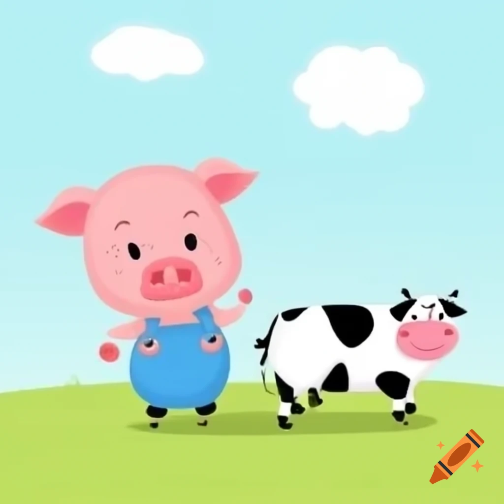 Cartoon of a cute pig in overalls and a cheerful cow in a meadow on Craiyon