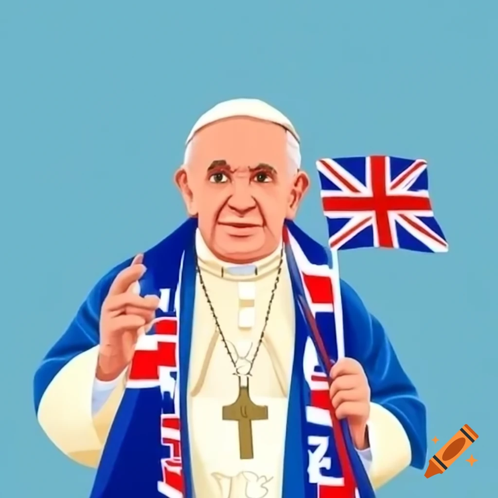 Pope wearing Glasgow Rangers jersey and holding union jack flag on Craiyon