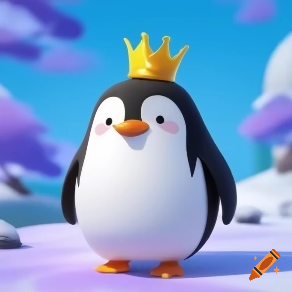 Cute scene of penguins, featuring one with a crown on Craiyon