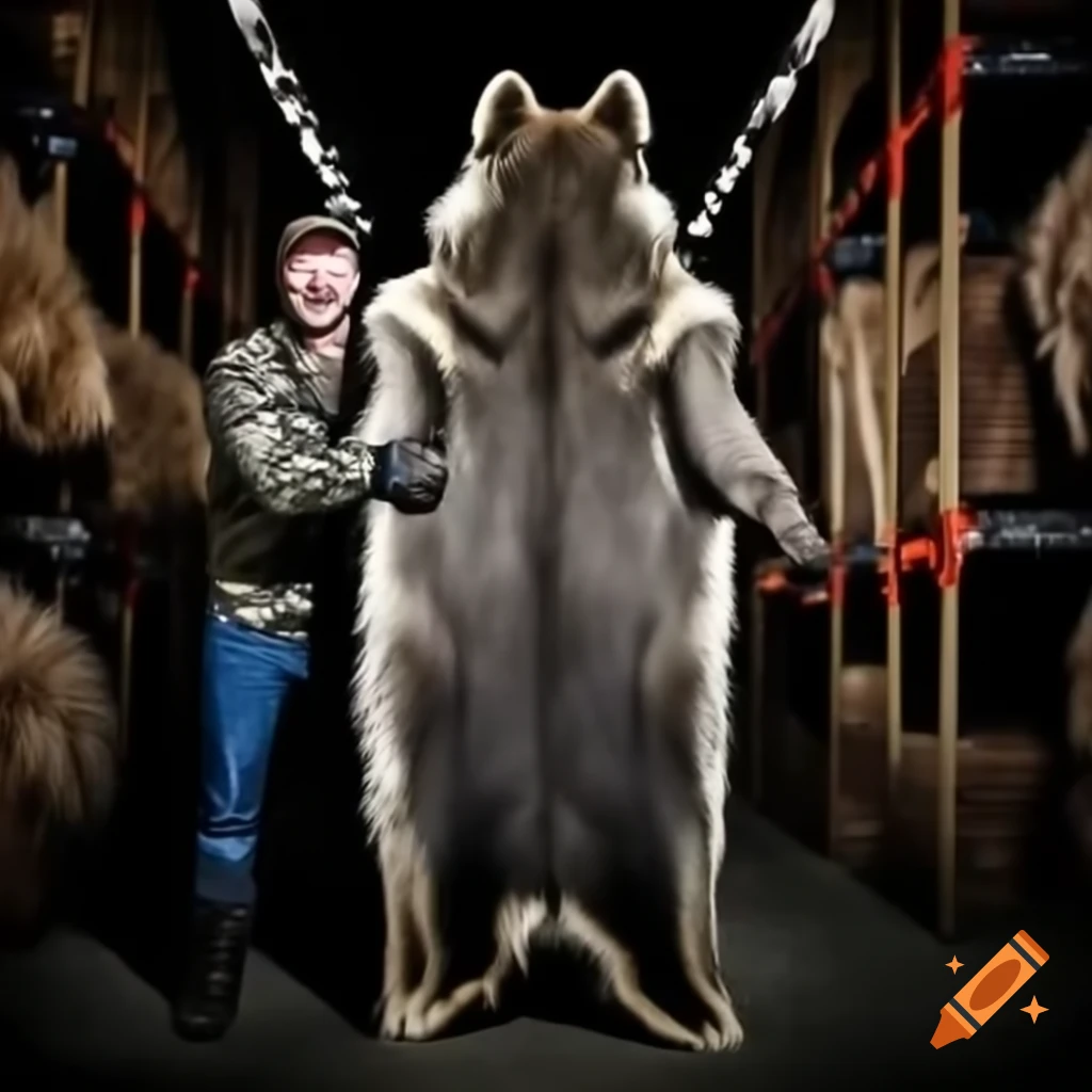 Hunter next to gray werewolf pelt drying in a warehouse on Craiyon