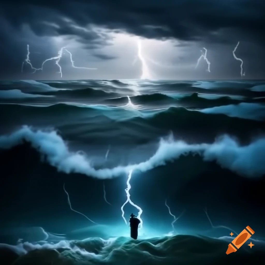 First-person view of stormy ocean with lightning and fog, black ...