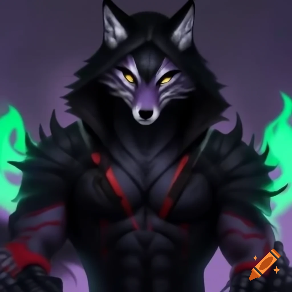 Closeup of a male fox with striped fur and armored bodysuit with cape ...