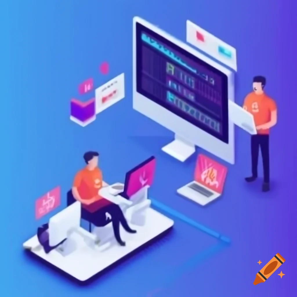 Software engineers interacting with computers representing new era of technology, animated style ...